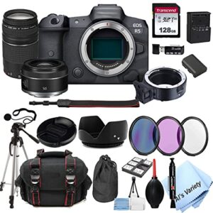 als variety eos r5 mirrorless digital camera withrf 50mm f/1.8 stm lens bundle + 75-300mm f/4-5.6 iii lens + 128gb memory + case + filters + tripod (26pc bundle)