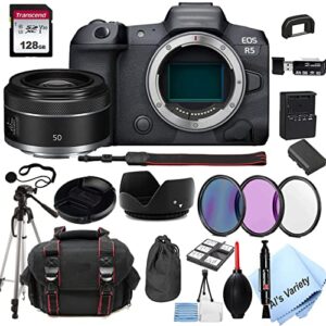 als variety eos r5 mirrorless digital camera with rf 50mm f/1.8 stm lens bundle + 128gb memory + case + filters + tripod (24pc bundle)