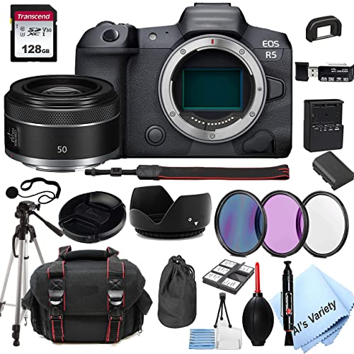 Als Variety EOS R5 Mirrorless Digital Camera with RF 50mm f/1.8 STM Lens Bundle + 128GB Memory + Case + Filters + Tripod (24pc Bundle)