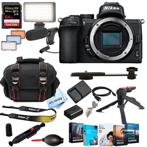 nikon z50 mirrorless digital camera 20.9mp body (no lens) + shot-gun microphone + led always on light+ 64gb extreme speed card, gripod, case, and more (26pc video bundle)