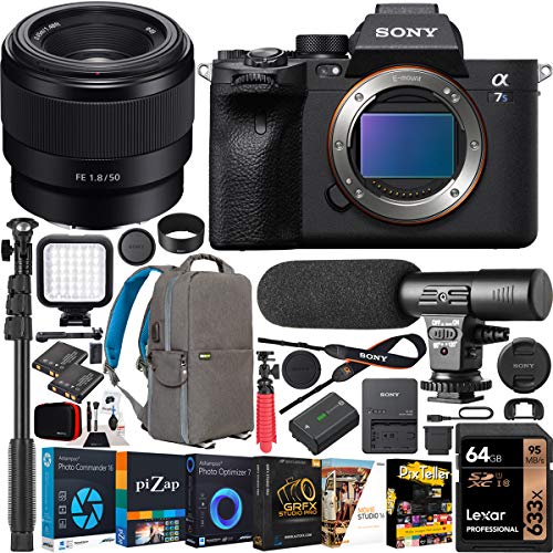 Sony a7s III Full Frame Mirrorless Camera Body with FE 50mm F1.8 Lens Kit ILCE-7SM3/B + SEL50F18F Bundle with Photo Video LED, Microphone, Monopod,64GB, Software, Deco Gear Backpack & Accessories