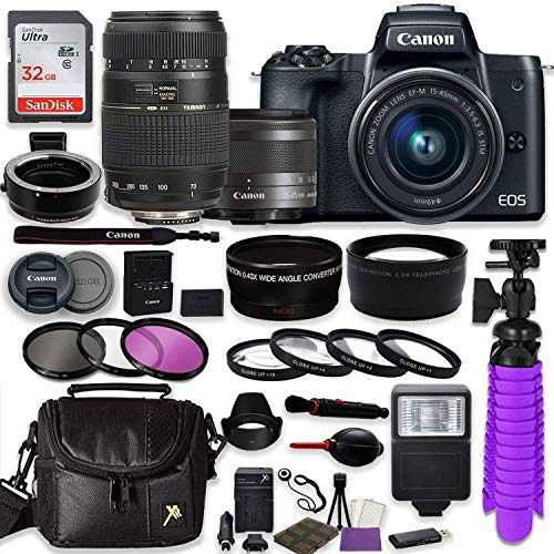 Canon EOS M50 Mirrorless Digital Camera (Black) Bundle w/Canon EF-M 15-45mm is STM & Tamron 70-300mm Di LD Lenses + Auto (EF/EF-S to EF-M) Mount Adapter + Gadget Bag + Accessories (Renewed)