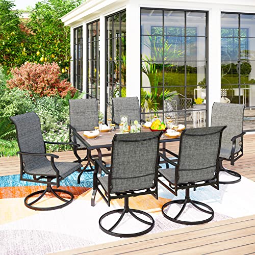 PHI VILLA 7 Piece Patio Dining Set, 6 Metal Swivel Dining Chairs Padded with Fast-Dry Foam & 1 Metal 60"x38" Rectangle Wood-Like Dining Table Clearance for Garden Pool & Deck