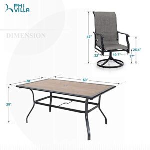 PHI VILLA 7 Piece Patio Dining Set, 6 Metal Swivel Dining Chairs Padded with Fast-Dry Foam & 1 Metal 60"x38" Rectangle Wood-Like Dining Table Clearance for Garden Pool & Deck