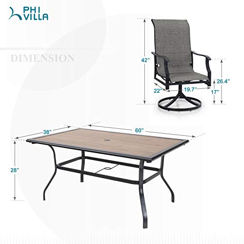 PHI VILLA 7 Piece Patio Dining Set, 6 Metal Swivel Dining Chairs Padded with Fast-Dry Foam & 1 Metal 60"x38" Rectangle Wood-Like Dining Table Clearance for Garden Pool & Deck