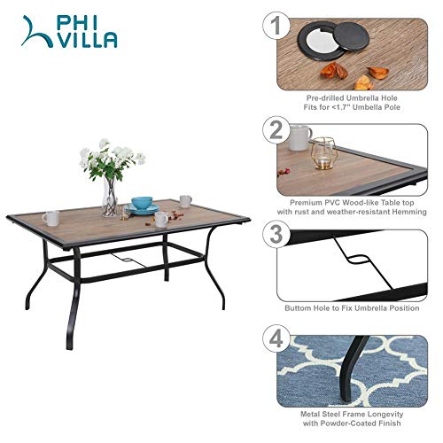 PHI VILLA 7 Piece Patio Dining Set, 6 Metal Swivel Dining Chairs Padded with Fast-Dry Foam & 1 Metal 60"x38" Rectangle Wood-Like Dining Table Clearance for Garden Pool & Deck