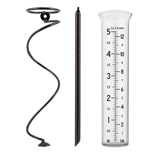 La Crosse 704-08967-INT Original Handcrafted Colombian Metal Finish Spiral Rain Gauge with 5-inch Capacity Glass Rain Garden Tube