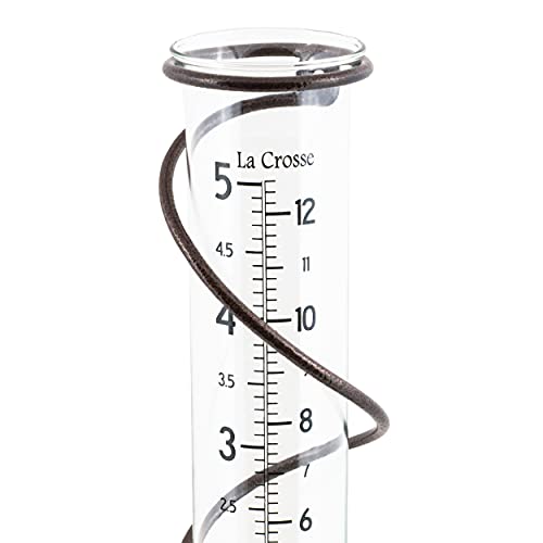 La Crosse 704-08967-INT Original Handcrafted Colombian Metal Finish Spiral Rain Gauge with 5-inch Capacity Glass Rain Garden Tube