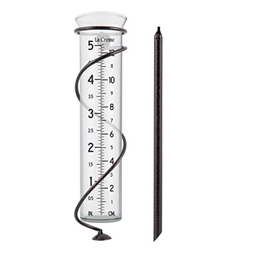 La Crosse 704-08967-INT Original Handcrafted Colombian Metal Finish Spiral Rain Gauge with 5-inch Capacity Glass Rain Garden Tube