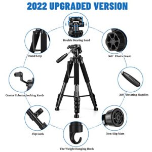 Tripod Camera Tripods, 74" Tripod for Camera Cell Phone Video Photography, Heavy Duty Tall Camera Stand Tripod, Professional Travel DSLR Tripods Compatible with Canon Nikon iPhone, Max Load 15 LB