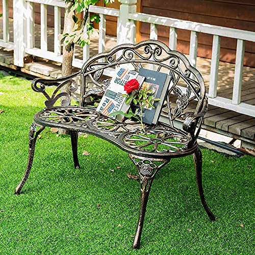 JOYBASE Outdoor Bench, Metal Patio Bench, Cast Iron Bench, Porch Bench, Cast Aluminum Bench, Garden Bench, Bronze