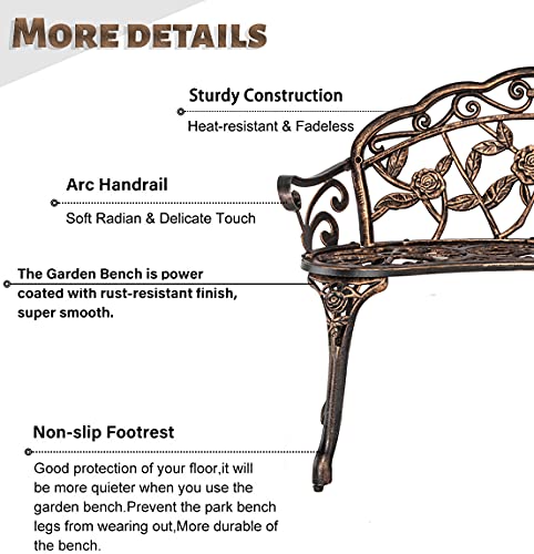 JOYBASE Outdoor Bench, Metal Patio Bench, Cast Iron Bench, Porch Bench, Cast Aluminum Bench, Garden Bench, Bronze