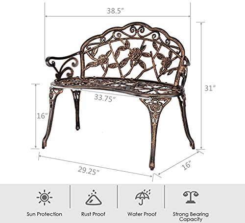 JOYBASE Outdoor Bench, Metal Patio Bench, Cast Iron Bench, Porch Bench, Cast Aluminum Bench, Garden Bench, Bronze