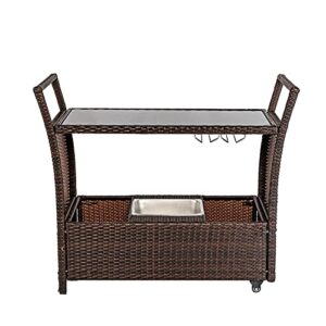 thick outdoor patio furniture set outdoor patio wicker rattan serving bar cart with ice bucket wine rack brown