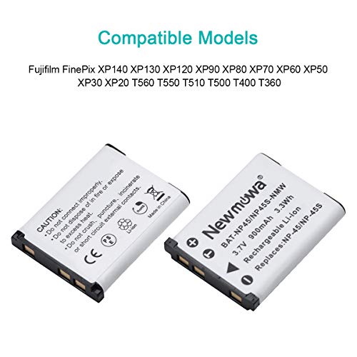 Newmowa NP-45 NP-45S Replacment Battery (2 Pack) and Dual USB Charger Kit for Fujifilm INSTAX Mini 90 and FinePix XP50 XP60 XP70 XP80 XP90 XP120 XP130 XP140 T350 T360 T400 T500 T510 T550 JX500 JX520