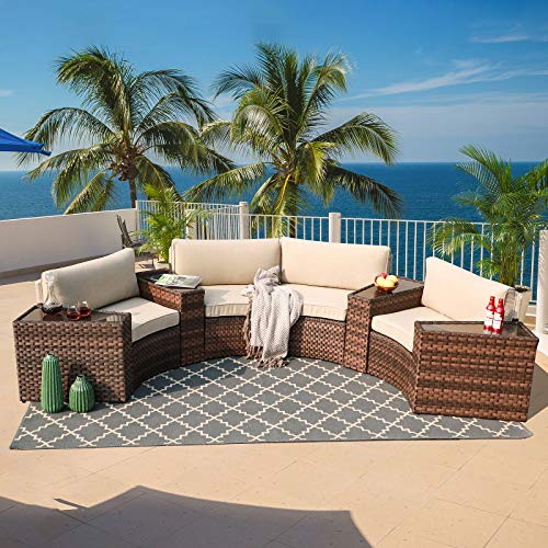 SUNSITT Outdoor Patio Furniture 8-Piece Half-Moon Curved Sofa Set Brown PE Wicker Sectional Conversation Set with Cushions(Beige)