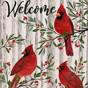 Dyrenson Welcome Winter Cardinals Red Birds Berries Decorative Garden Flag, Snowy Forest Farmhouse Yard Outside Decorations Outdoor Small Decor 12x18