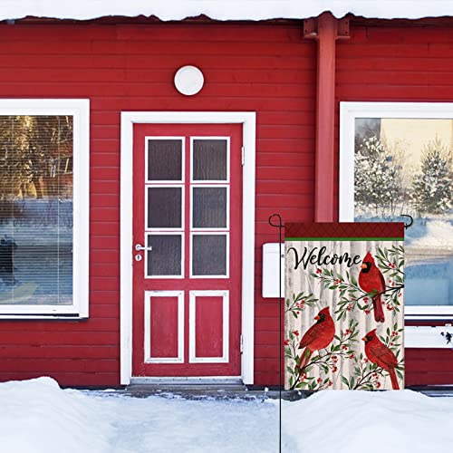 Dyrenson Welcome Winter Cardinals Red Birds Berries Decorative Garden Flag, Snowy Forest Farmhouse Yard Outside Decorations Outdoor Small Decor 12x18