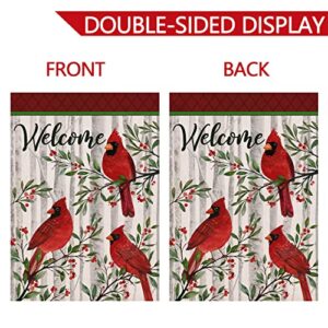 Dyrenson Welcome Winter Cardinals Red Birds Berries Decorative Garden Flag, Snowy Forest Farmhouse Yard Outside Decorations Outdoor Small Decor 12x18