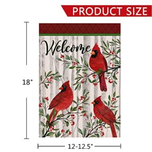 Dyrenson Welcome Winter Cardinals Red Birds Berries Decorative Garden Flag, Snowy Forest Farmhouse Yard Outside Decorations Outdoor Small Decor 12x18