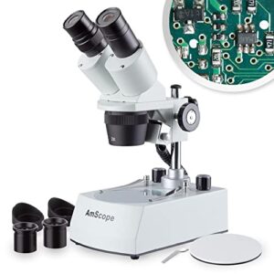 amscope se306r-p-led forward-mounted binocular stereo microscope, wf10x eyepieces, 20x and 40x magnification, 2x and 4x objectives, upper and lower led lighting, reversible black/white stage plate, pillar stand, 120v or battery-powered