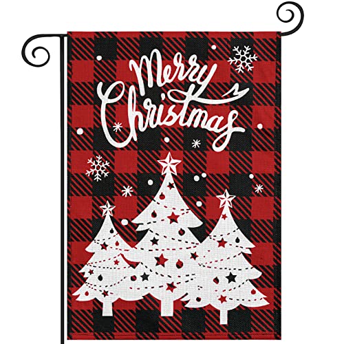 hogardeck Merry Christmas Garden Flag, Buffalo Plaid Check Tree Burlap Christmas Decorations, Vertical Double Sided Winter Decor, Bell & Star Outdoor Indoor Yard Flag 12.5x18 Inch