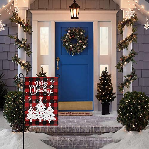 hogardeck Merry Christmas Garden Flag, Buffalo Plaid Check Tree Burlap Christmas Decorations, Vertical Double Sided Winter Decor, Bell & Star Outdoor Indoor Yard Flag 12.5x18 Inch