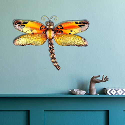 John's Studio Metal Dragonfly Wall Decor Glass Outdoor Garden Fence Art, Iron Sculpture Hanging Decoration for Home, Living Room, Bedroom, Yard, Patio, Porch