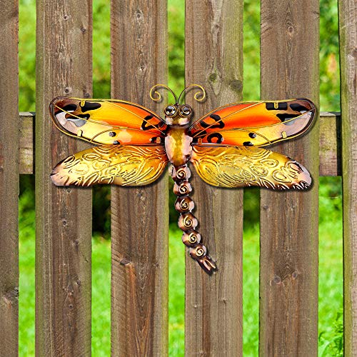 John's Studio Metal Dragonfly Wall Decor Glass Outdoor Garden Fence Art, Iron Sculpture Hanging Decoration for Home, Living Room, Bedroom, Yard, Patio, Porch