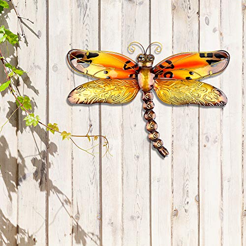 John's Studio Metal Dragonfly Wall Decor Glass Outdoor Garden Fence Art, Iron Sculpture Hanging Decoration for Home, Living Room, Bedroom, Yard, Patio, Porch