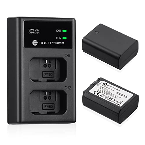 FirstPower NP-FW50 Battery 2-Pack and USB Dual Charger Compatible with Sony A6000 A6300 A6400 A6500 A7 A7II A7RII A7SII A7S A7S2 A7R A7R2 A5100 A5000 RX10 RX10II III Cameras