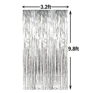 GOER 3.2 ft x 9.8 ft Metallic Tinsel Foil Fringe Curtains Party Photo Backdrop Party Streamers for Birthday,Graduation,New Year Eve Decorations Wedding Decor (Silver,1 Pack)