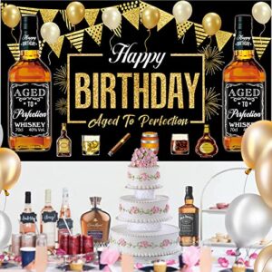 Whiskey Birthday Party Decorations for Men, Large Black Gold Aged to Perfection Birthday Poster Party Supplies, Whiskey Themed Cheer and Beer Themed Happy Birthday Banner Backdrop Photo Booth Props