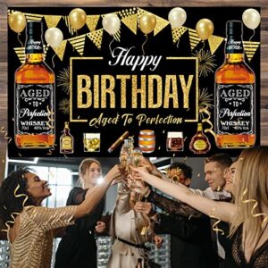 Whiskey Birthday Party Decorations for Men, Large Black Gold Aged to Perfection Birthday Poster Party Supplies, Whiskey Themed Cheer and Beer Themed Happy Birthday Banner Backdrop Photo Booth Props