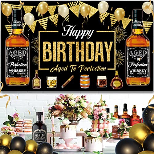 Whiskey Birthday Party Decorations for Men, Large Black Gold Aged to Perfection Birthday Poster Party Supplies, Whiskey Themed Cheer and Beer Themed Happy Birthday Banner Backdrop Photo Booth Props