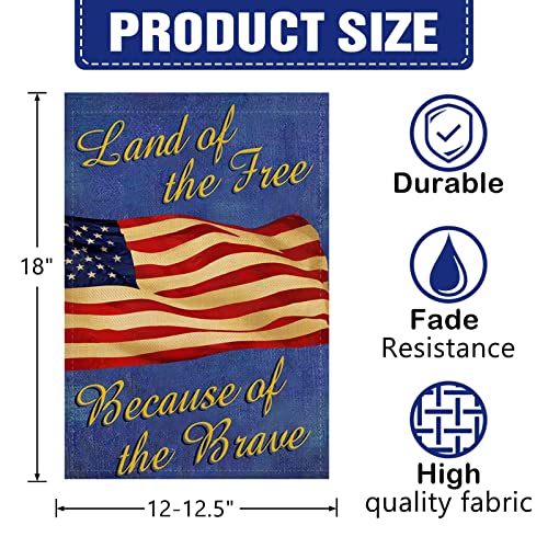 Dyrenson Home Decorative Outdoor 4th of July Patriotic Memorial Day Garden Flag Double Sided, Land of The Free Because of The Brave House Yard Flag, 9/11 Decorations, USA Holiday Outdoor Flag 12 x 18