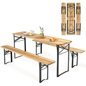 goplus foldable picnic table with benches, 3-piece 70” portable beer garden table with sturdy steel frame, folding wooden picnic tables for outdoors, patio, backyard