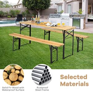 Goplus Foldable Picnic Table with Benches, 3-Piece 70” Portable Beer Garden Table with Sturdy Steel Frame, Folding Wooden Picnic Tables for Outdoors, Patio, Backyard