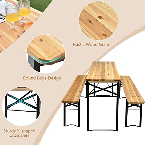 Goplus Foldable Picnic Table with Benches, 3-Piece 70” Portable Beer Garden Table with Sturdy Steel Frame, Folding Wooden Picnic Tables for Outdoors, Patio, Backyard