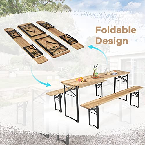 Goplus Foldable Picnic Table with Benches, 3-Piece 70” Portable Beer Garden Table with Sturdy Steel Frame, Folding Wooden Picnic Tables for Outdoors, Patio, Backyard