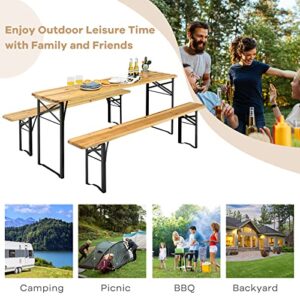 Goplus Foldable Picnic Table with Benches, 3-Piece 70” Portable Beer Garden Table with Sturdy Steel Frame, Folding Wooden Picnic Tables for Outdoors, Patio, Backyard