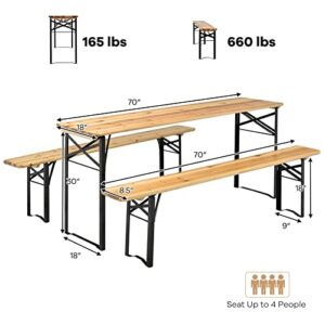 Goplus Foldable Picnic Table with Benches, 3-Piece 70” Portable Beer Garden Table with Sturdy Steel Frame, Folding Wooden Picnic Tables for Outdoors, Patio, Backyard