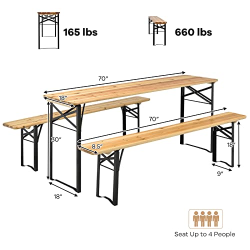 Goplus Foldable Picnic Table with Benches, 3-Piece 70” Portable Beer Garden Table with Sturdy Steel Frame, Folding Wooden Picnic Tables for Outdoors, Patio, Backyard