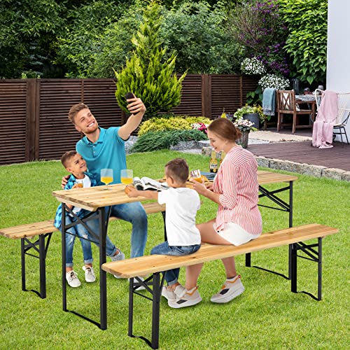 Goplus Foldable Picnic Table with Benches, 3-Piece 70” Portable Beer Garden Table with Sturdy Steel Frame, Folding Wooden Picnic Tables for Outdoors, Patio, Backyard