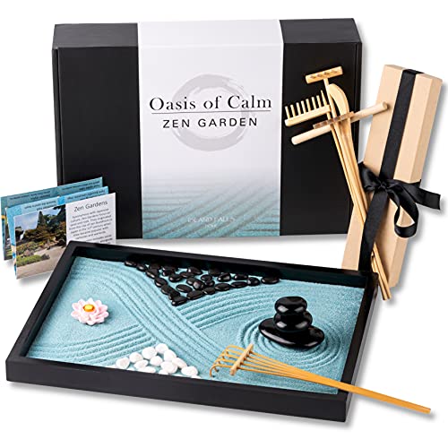 Oasis of Calm Zen Garden Kit. 11x8 Beautiful Premium Japanese Decor Mini Rock Garden Meditation Gifts Set. Home, Office Desk Accessories. Zen Decor Zen Sand Garden. Aqua Blue Sand, 6 Tools, 6 Feature