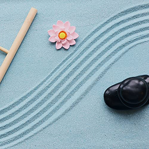 Oasis of Calm Zen Garden Kit. 11x8 Beautiful Premium Japanese Decor Mini Rock Garden Meditation Gifts Set. Home, Office Desk Accessories. Zen Decor Zen Sand Garden. Aqua Blue Sand, 6 Tools, 6 Feature