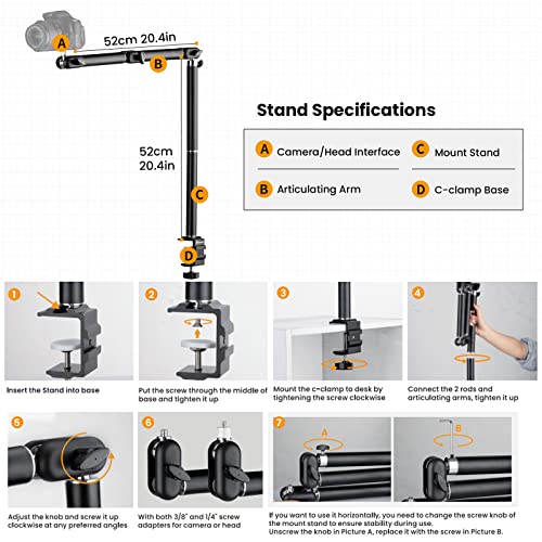 TARION Desk Camera Mount Stand Heavy Duty Articulated Camera Arm Articulating Table Mount Camera Stand Adjustable Flexible Gear Joints TKA01-L