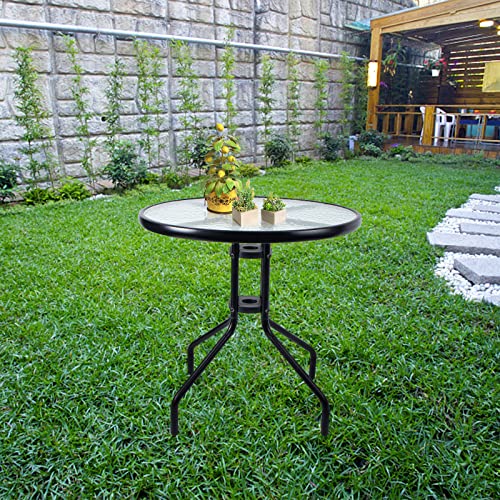 Vipush 24" Outdoor Bistro Table Round Patio Side Table Dining Table with Glass Table Top Metal Coffee Table for Lawn Garden Pool Steel Frame Commercial Party Table Black