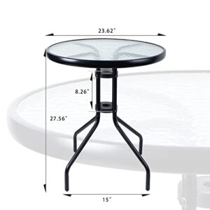 Vipush 24" Outdoor Bistro Table Round Patio Side Table Dining Table with Glass Table Top Metal Coffee Table for Lawn Garden Pool Steel Frame Commercial Party Table Black