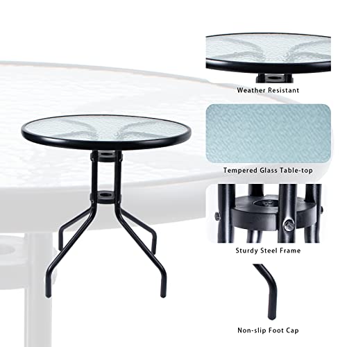 Vipush 24" Outdoor Bistro Table Round Patio Side Table Dining Table with Glass Table Top Metal Coffee Table for Lawn Garden Pool Steel Frame Commercial Party Table Black